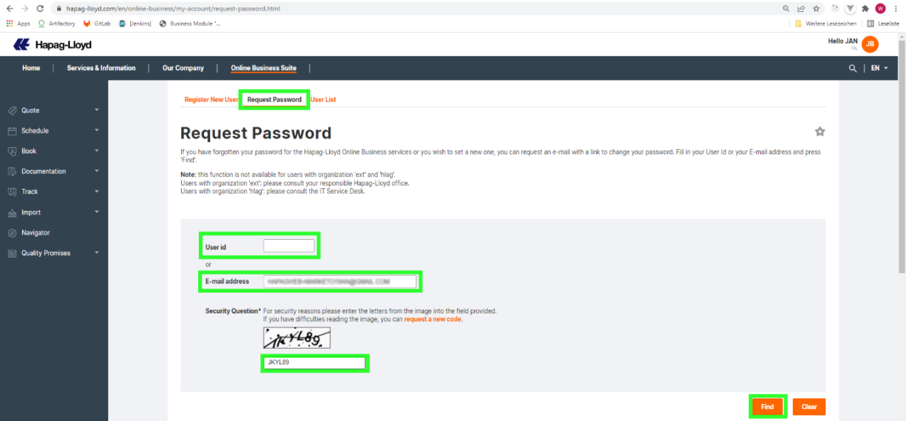 Changing Your Password for the Online Business Suite - Hapag-Lloyd