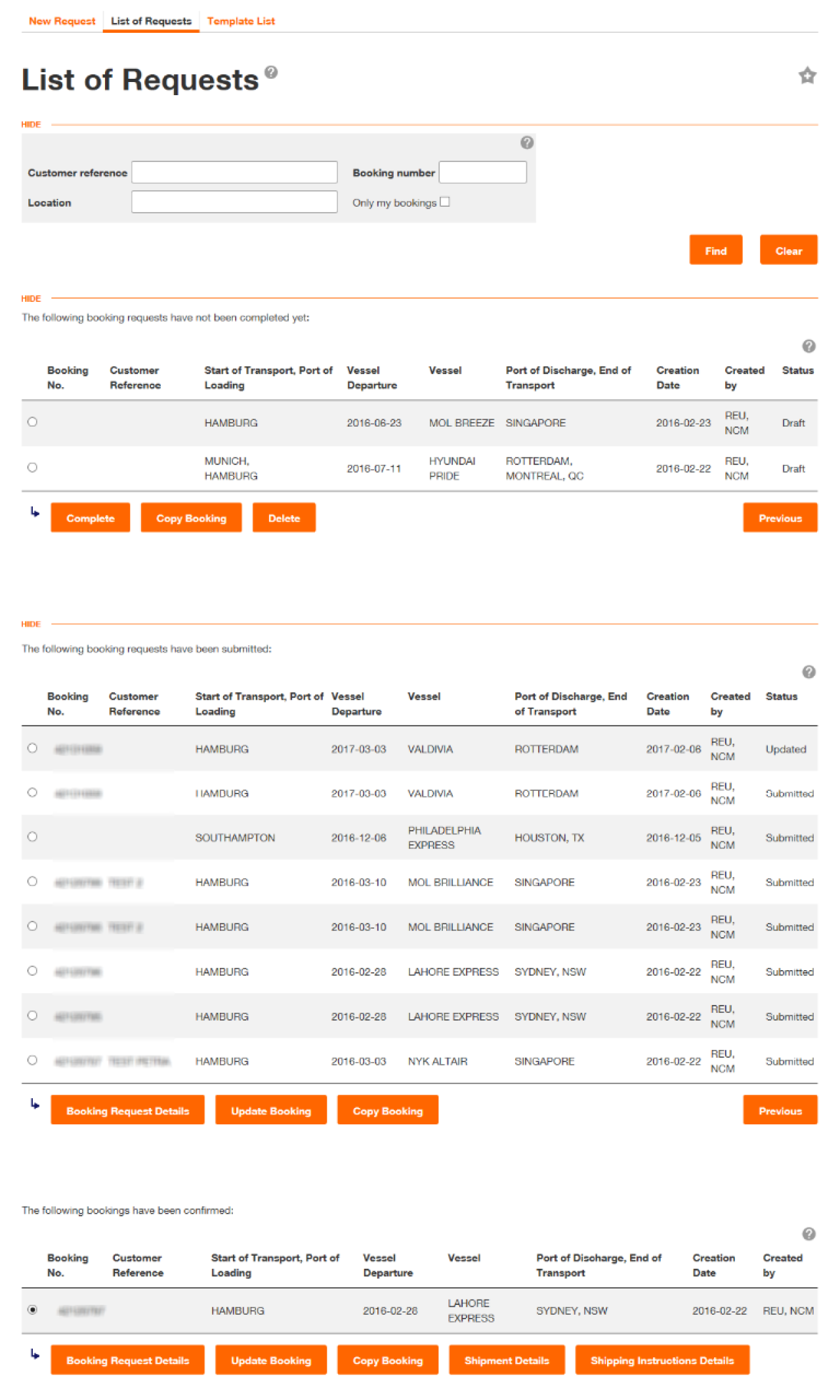 Service: List's of Requests - Hapag-Lloyd